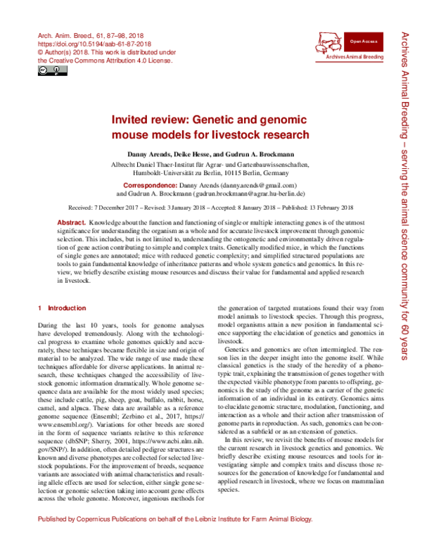 (PDF) Invited review: Genetic and genomic mouse models for livestock research