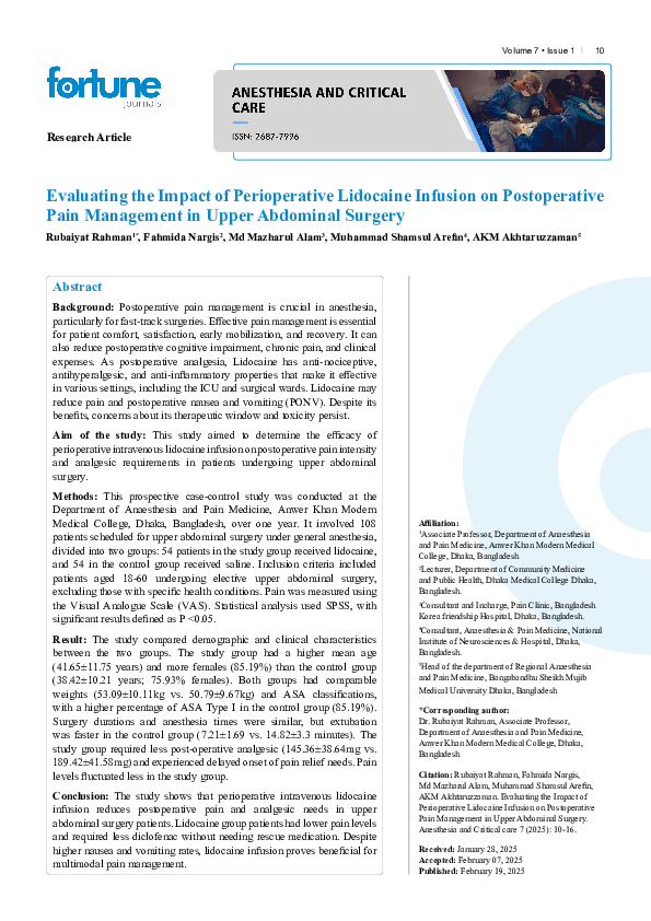 (PDF) Evaluating the Impact of Perioperative Lidocaine Infusion on Postoperative Pain Management ...