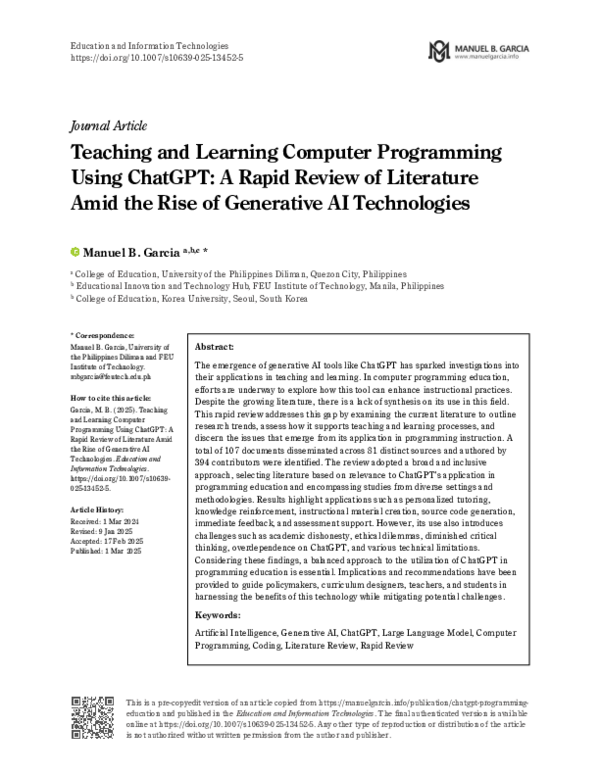 (PDF) Teaching and Learning Computer Programming Using ChatGPT: A Rapid Review of Literature ...