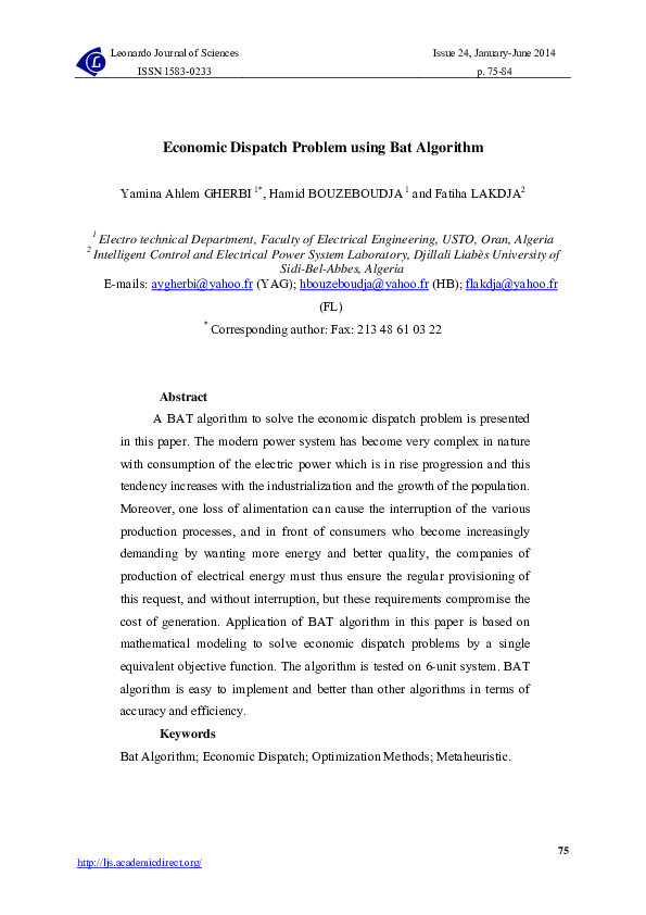(PDF) Economic Dispatch Problem using Bat Algorithm