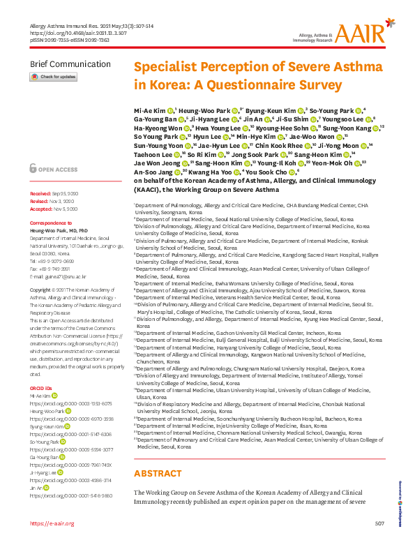 (PDF) Specialist Perception of Severe Asthma in Korea: A Questionnaire ...