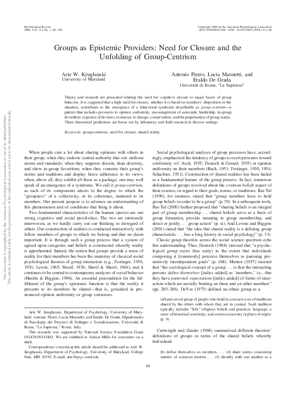 (PDF) Groups as epistemic providers: Need for closure and the unfolding ...