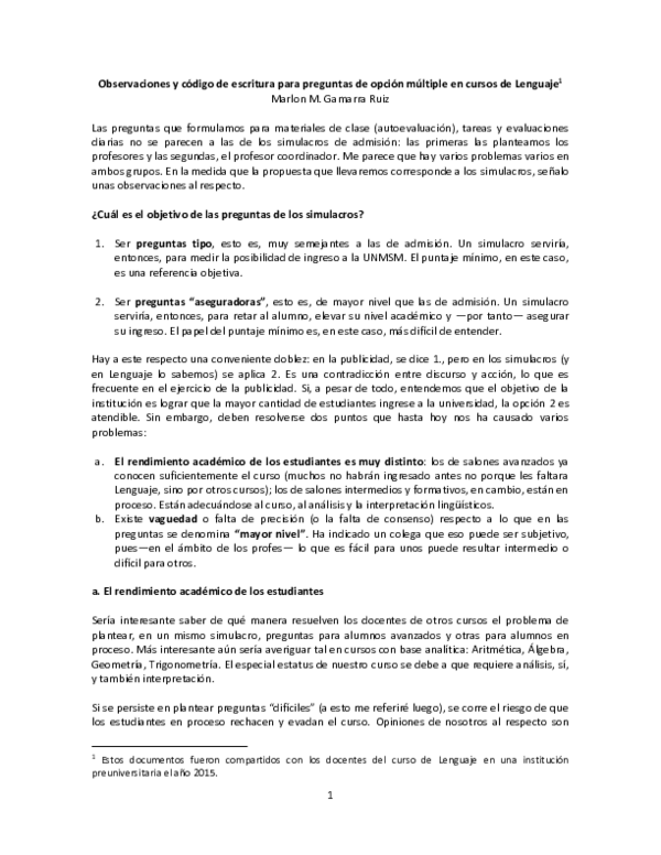 (PDF) Observaciones y código de escritura para preguntas de opción múltiple en cursos de Lenguaje 1