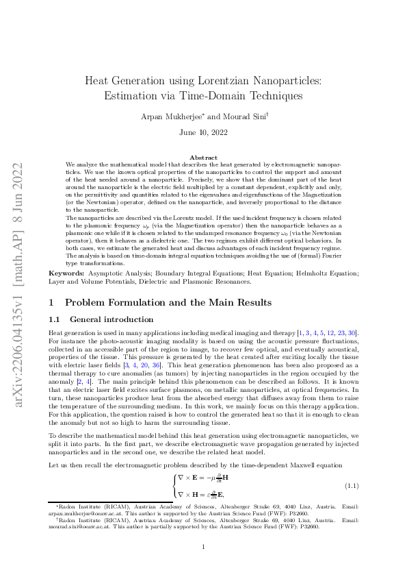 (PDF) Heat Generation Using Lorentzian Nanoparticles: Estimation via Time-Domain Techniques
