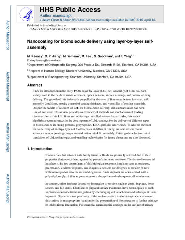 (PDF) Nanocoating for biomolecule delivery using layer-by-layer self ...
