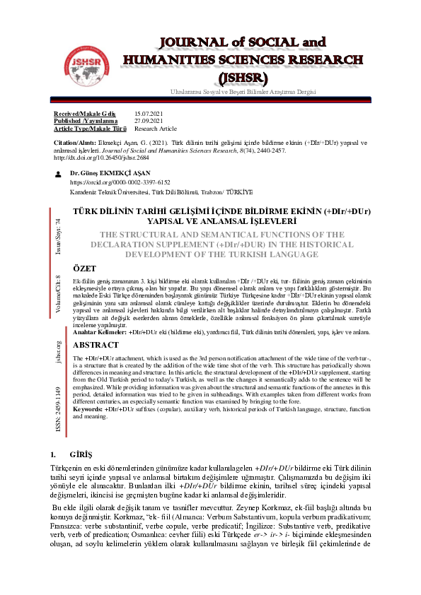 (PDF) TÜRK DİLİNİN TARİHİ GELİŞİMİ İÇİNDE BİLDİRME EKİNİN (+DIr/+DUr ...