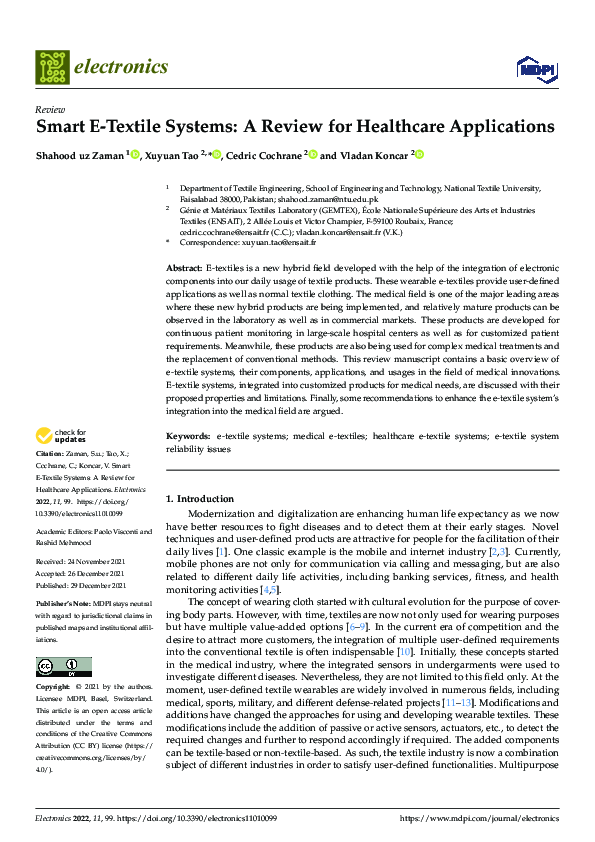 (PDF) Smart E-Textile Systems: A Review for Healthcare Applications