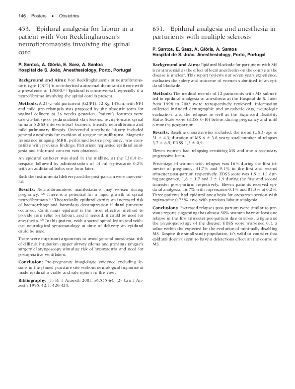 Epidural Analgesia and Anesthesia in Parturients With Multiple Sclerosis