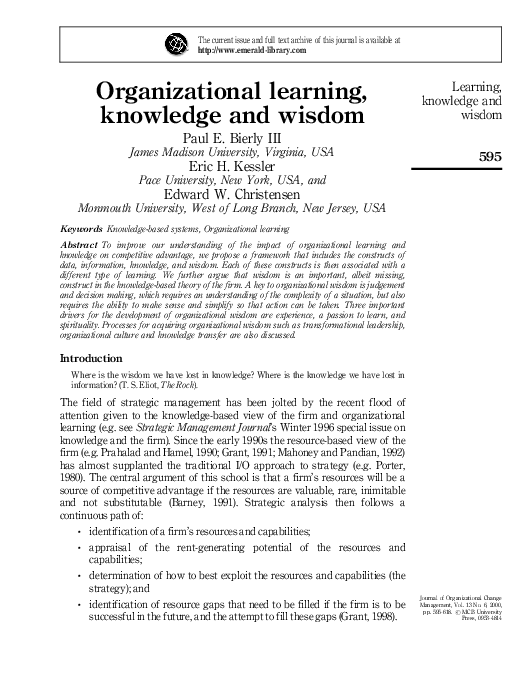 (PDF) Organizational learning, knowledge and wisdom