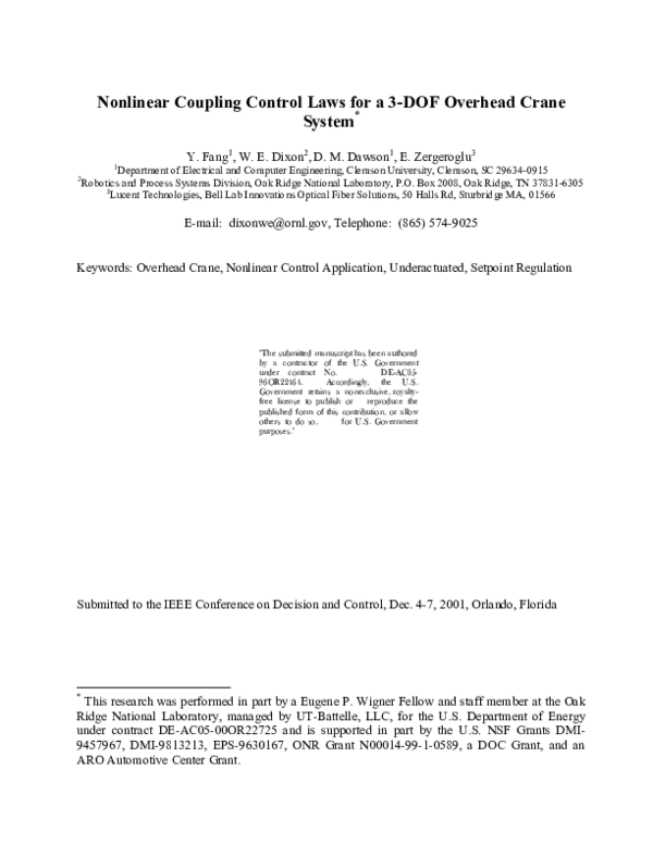 (PDF) Nonlinear coupling control laws for a 3-DOF overhead crane system