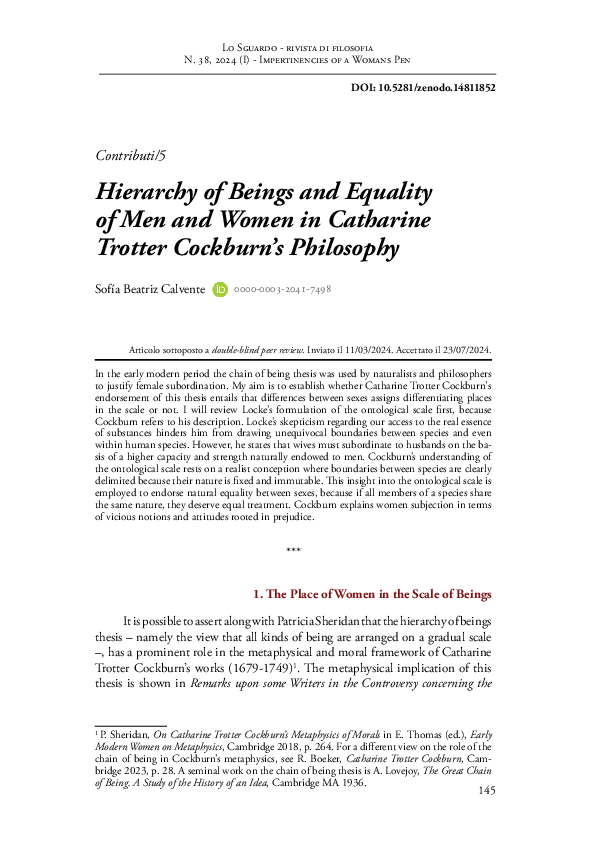 Hierarchy of Beings and Equality of Men and Women in Catharine Trotter ...