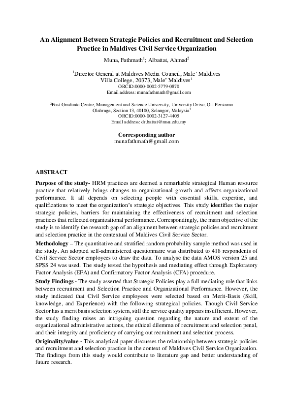 An Alignment Between Strategic Policies and Recruitment and Selection Practice in Maldives Civil ...