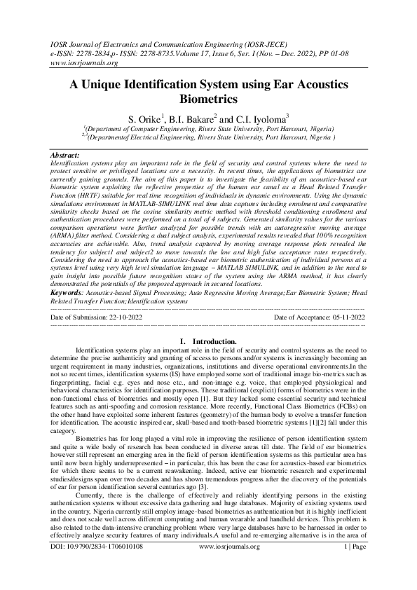 (PDF) A Unique Identification System using Ear Acoustics Biometrics