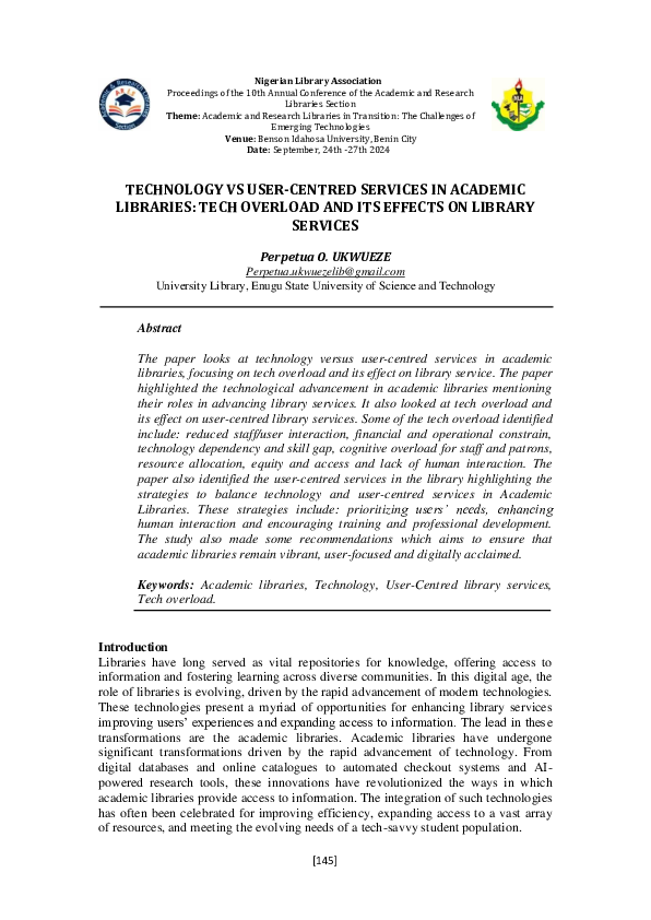 (PDF) TECHNOLOGY VS USER-CENTRED SERVICES IN ACADEMIC LIBRARIES: TECH ...