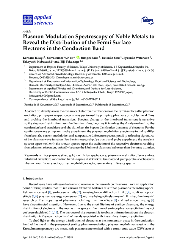 (PDF) Plasmon Modulation Spectroscopy of Noble Metals to Reveal the Distribution of the Fermi ...