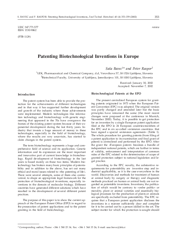 (PDF) Patenting Biotechnological Inventions in Europe