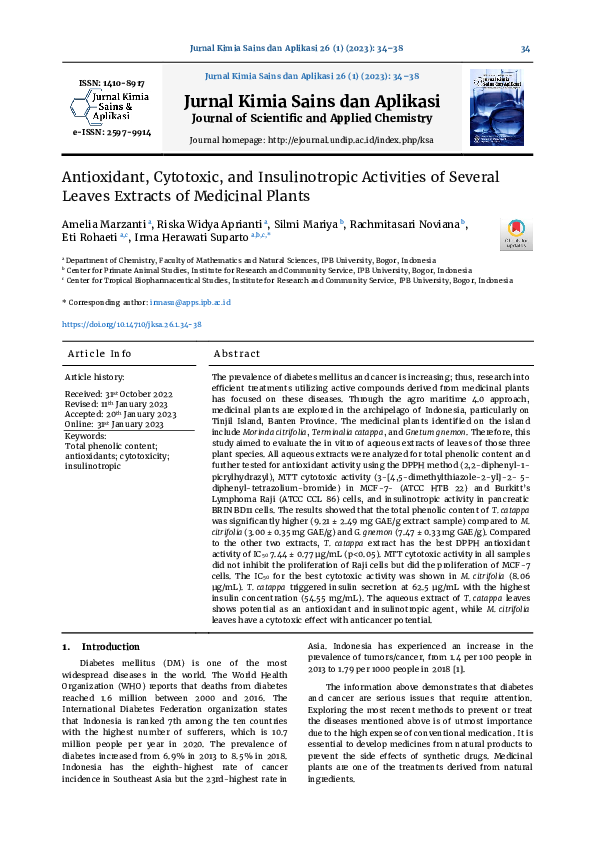 (PDF) Antioxidant, Cytotoxic, and Insulinotropic Activities of Several Leaves Extracts of ...