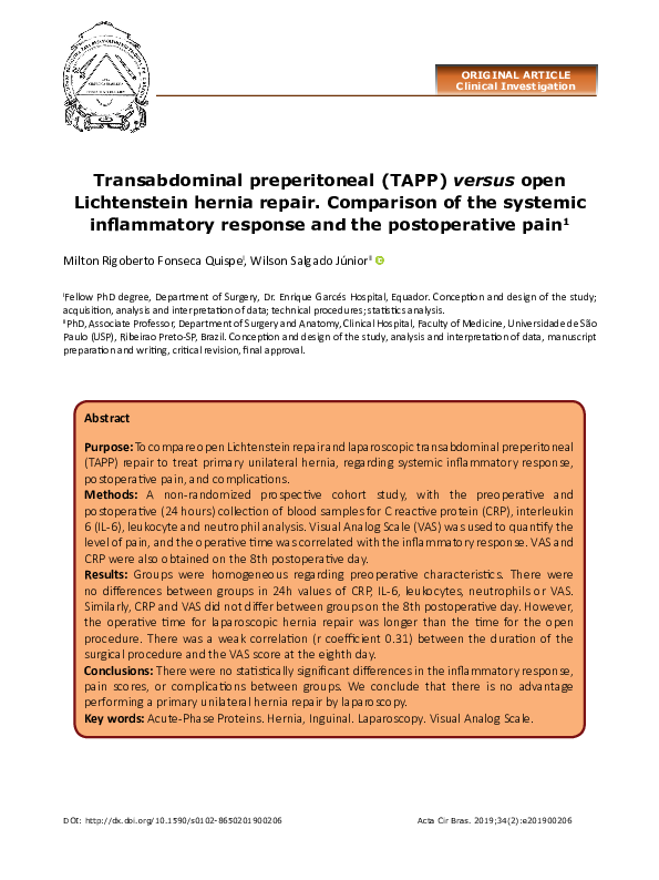 (PDF) Transabdominal preperitoneal (TAPP) versus open Lichtenstein hernia repair. Comparison of ...