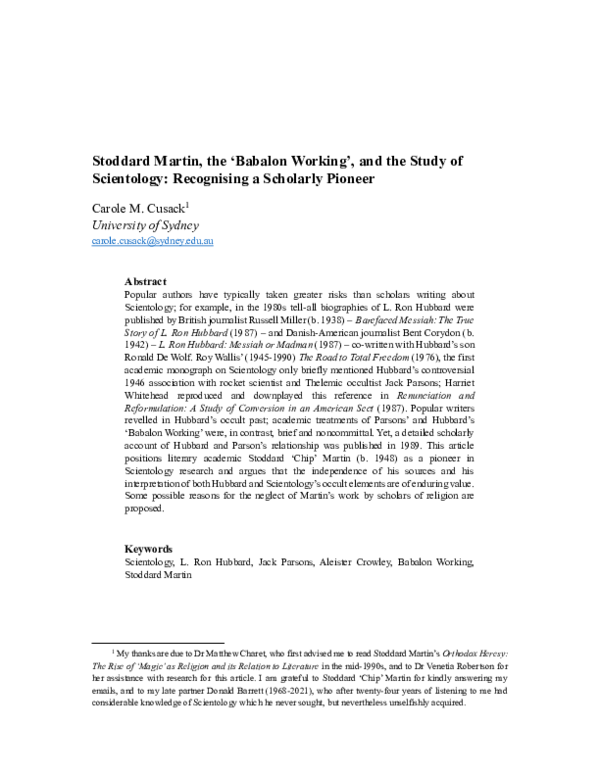 (PDF) Stoddard Martin, the ‘Babalon Working’, and the Study of ...