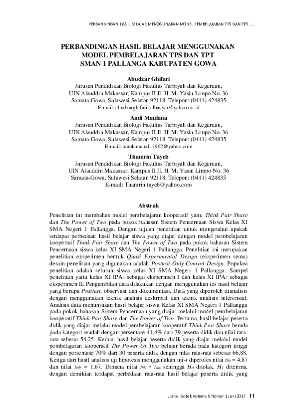 (PDF) Perbandingan Hasil Belajar Menggunakan Model Pembelajaran TPS Dan TPT Sman 1 Pallanga ...