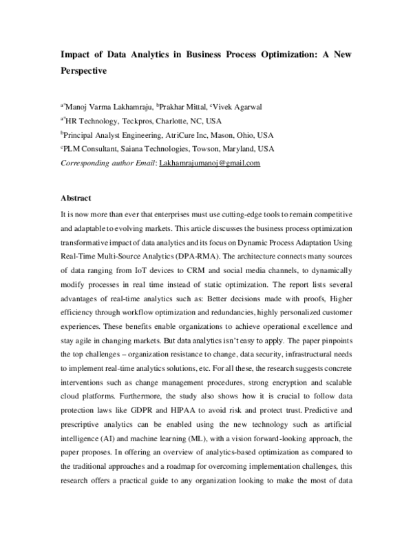 (PDF) Impact of Data Analytics in Business Process Optimization: A New Perspective