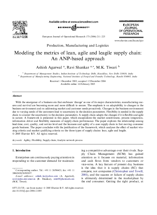 Pdf Modeling The Metrics Of Lean Agile And Leagile Supply Chain An Anp Based Approach