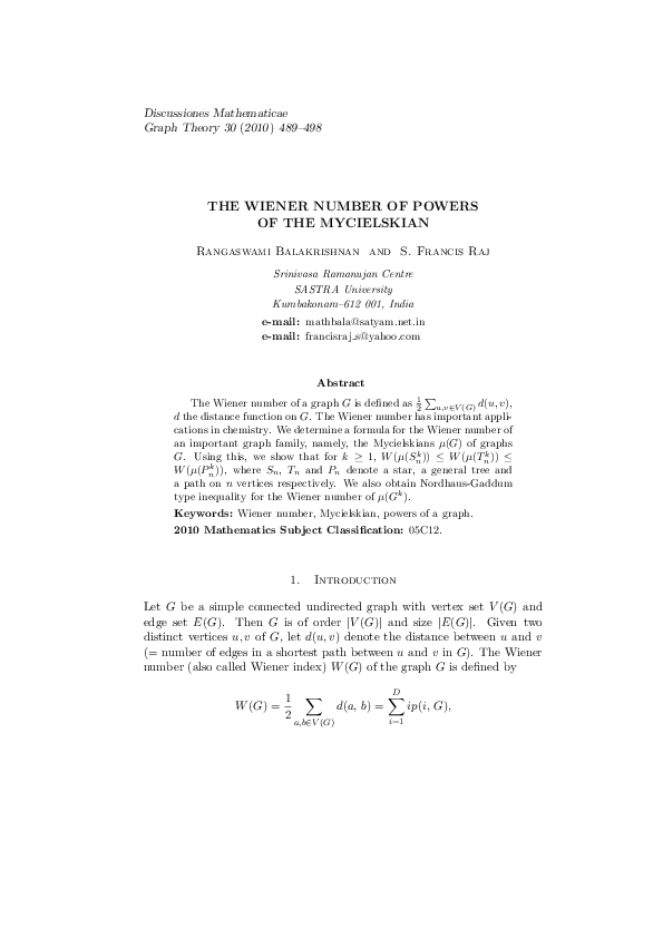 (PDF) The Wiener number of powers of the Mycielskian