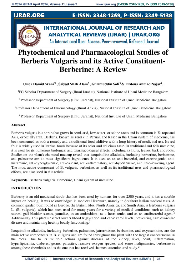 (PDF) Phytochemical and Pharmacological Studies of Berberis Vulgaris and its Active Constituent ...