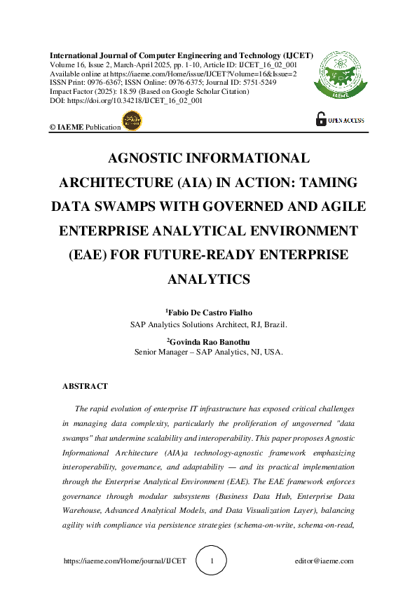 (PDF) AGNOSTIC INFORMATIONAL ARCHITECTURE (AIA) IN ACTION: TAMING DATA SWAMPS WITH GOVERNED AND ...