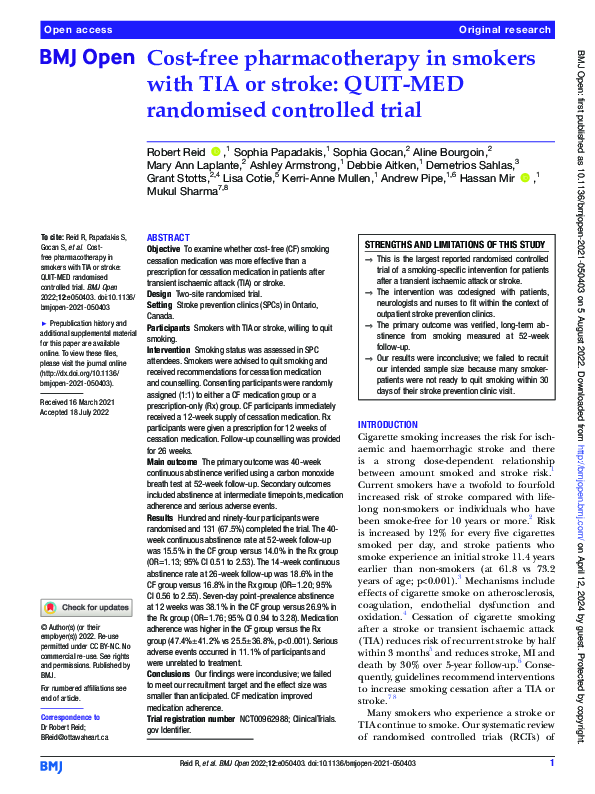 (PDF) Cost-free pharmacotherapy in smokers with TIA or stroke: QUIT-MED ...