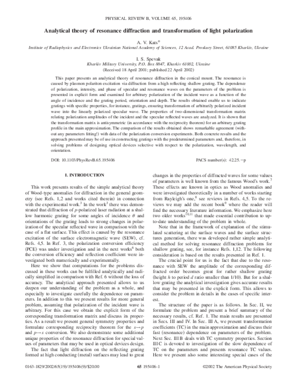 (PDF) Analytical theory of resonance diffraction and transformation of light polarization