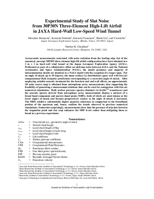 (PDF) Experimental Study on Slat Noise from 30P30N Three-Element High-Lift Airfoil at JAXA Hard ...