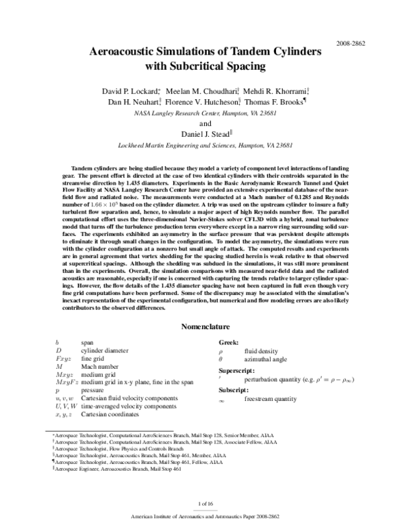 (PDF) Aeroacoustic Simulations of Tandem Cylinders with Subcritical Spacing