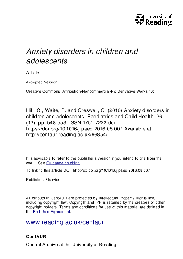 (PDF) Anxiety Disorders of Children and Adolescents