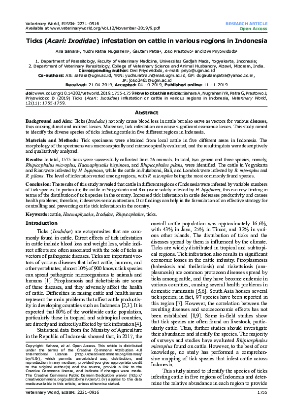 (PDF) Ticks (Acari: Ixodidae) infestation on cattle in various regions ...