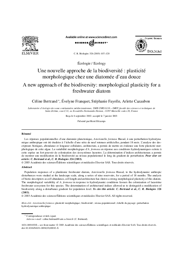 (PDF) Une nouvelle approche de la biodiversité : plasticité ...