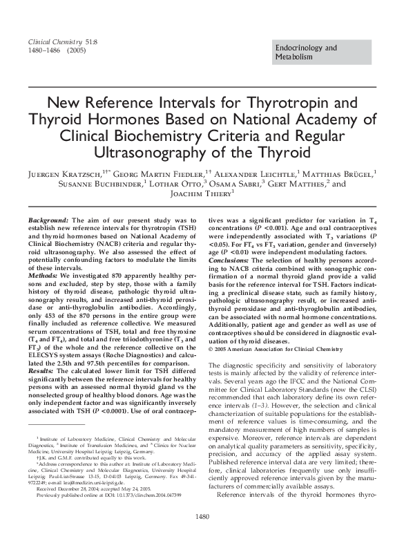 (PDF) New Reference Intervals for Thyrotropin and Thyroid Hormones Based on National Academy of ...