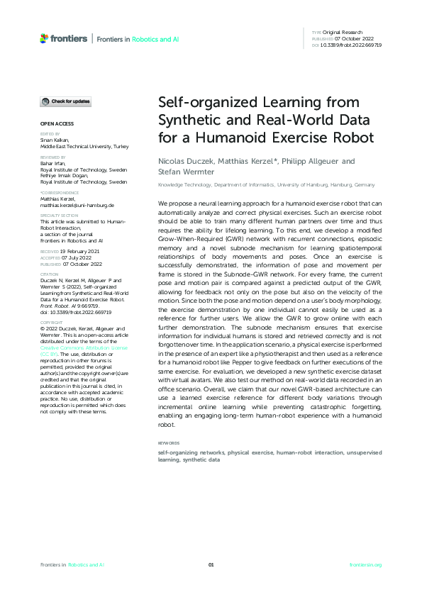 (PDF) Self-organized Learning from Synthetic and Real-World Data for a Humanoid Exercise Robot