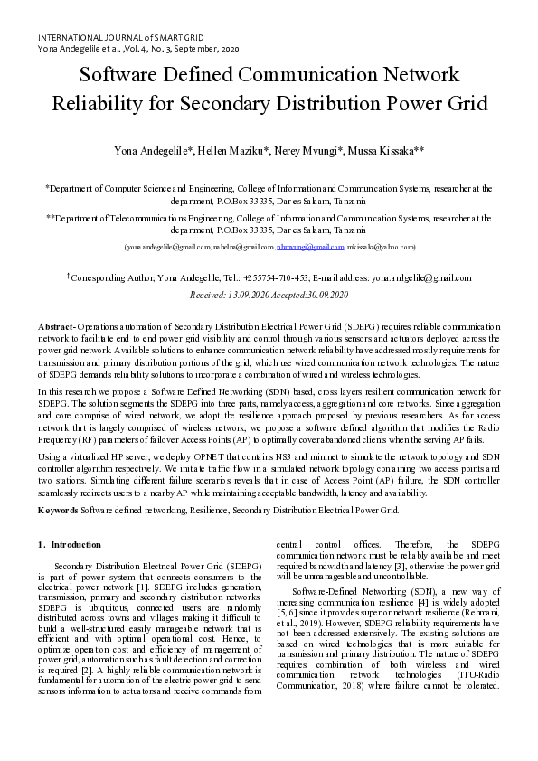 (PDF) Software Defined Communication Network Reliability for Secondary Distribution Power Grid
