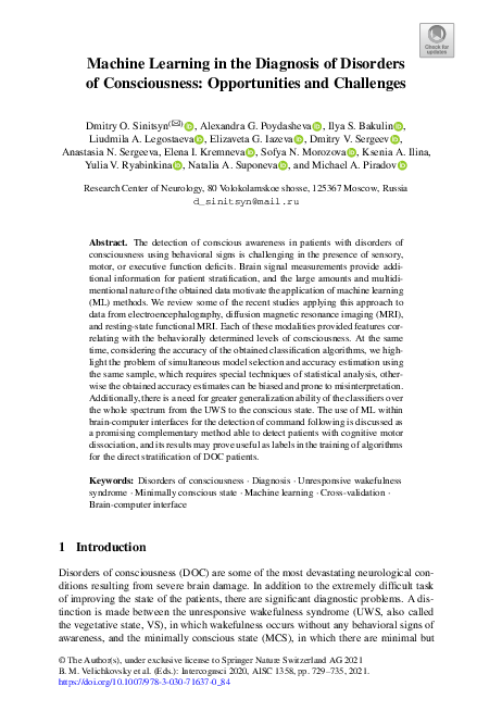 (PDF) Machine Learning in the Diagnosis of Disorders of Consciousness: Opportunities and Challenges