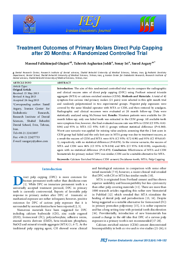 (PDF) Treatment outcomes of primary molars direct pulp capping after 20 ...