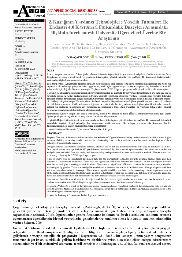 (PDF) Z Kuşağinin Yardimci Teknoloji̇lere Yöneli̇k Tutumlari İle Endüstri̇ 4.0 Kavramsal ...