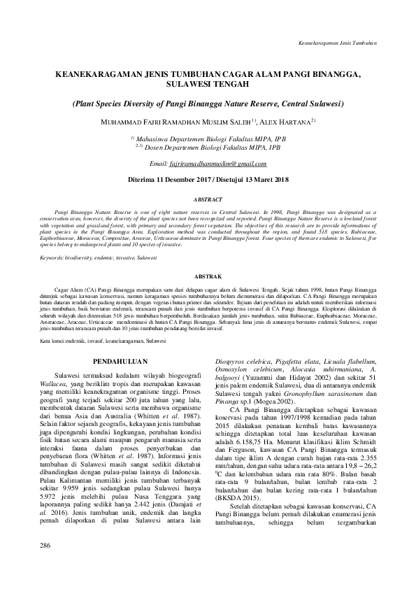(PDF) KEANEKARAGAMAN JENIS TUMBUHAN CAGAR ALAM PANGI BINANGGA, SULAWESI ...