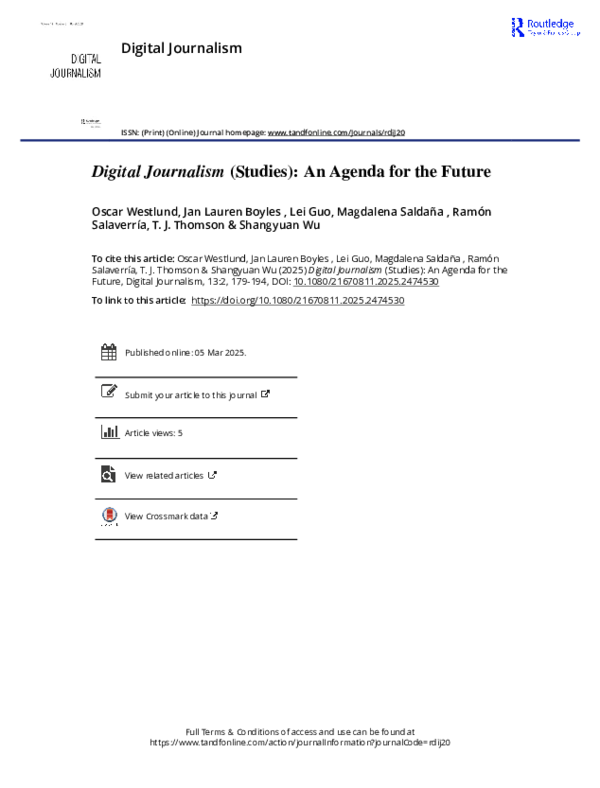 (PDF) Digital Journalism (Studies): An Agenda for the Future