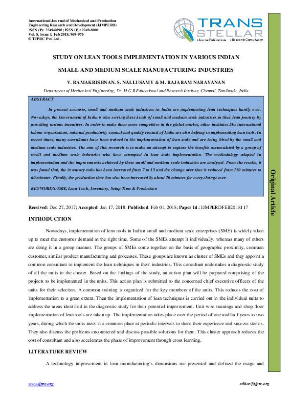 (PDF) Study on Lean Tools Implementation in Various Indian Small and ...