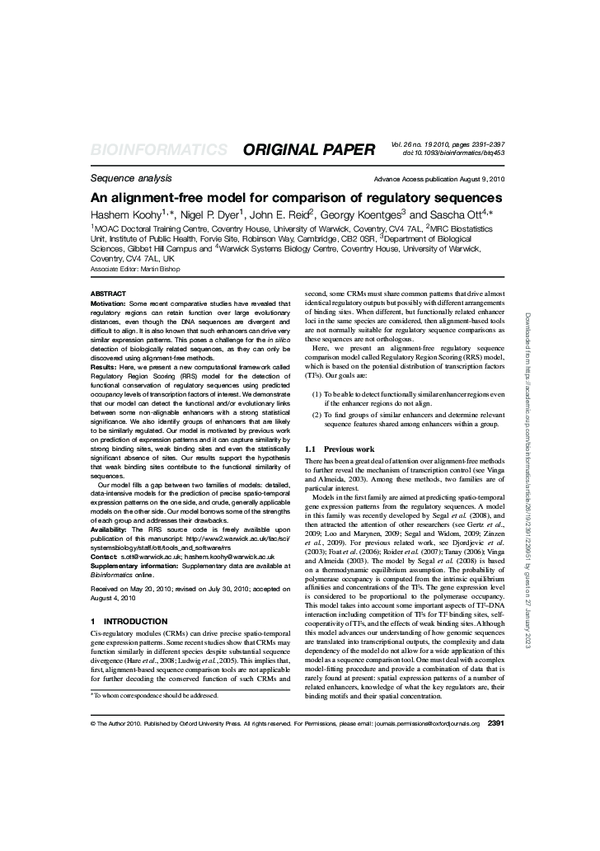 An alignment-free model for comparison of regulatory sequences