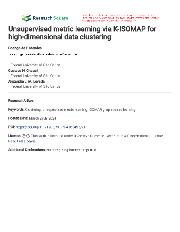 Pdf Unsupervised Metric Learning Via K Isomap For High Dimensional Data Clustering