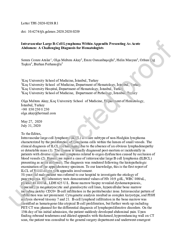 (PDF) Intravascular Large B-Cell Lymphoma Within the Appendix Presenting as Acute Abdomen: A ...