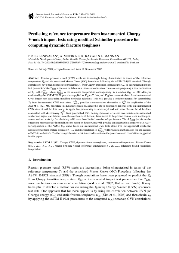 Pdf Predicting Reference Temperature From Instrumented Charpy V Notch Impact Tests Using