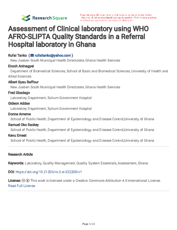 (PDF) Assessment of Clinical laboratory using WHO AFRO-SLIPTA Quality Standards in a Referral ...